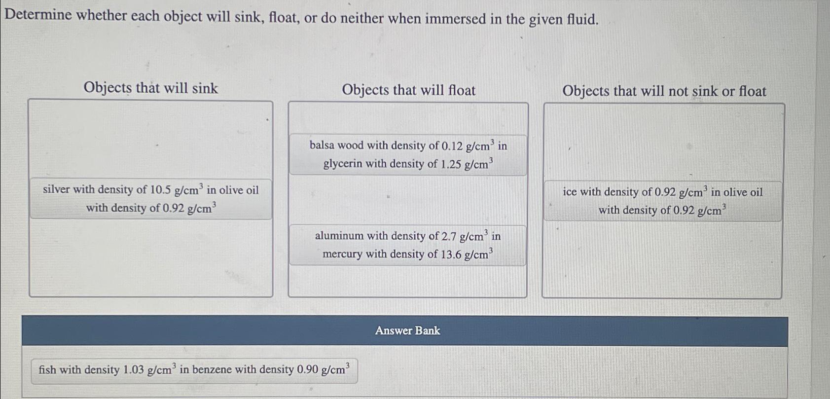 Solved Determine whether each object will sink, float, or do | Chegg.com