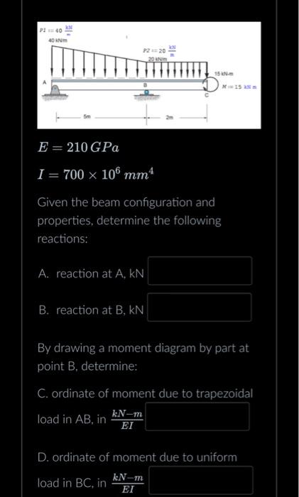 Solved E=210GPaI=700×106 mm4 Given the beam configuration | Chegg.com