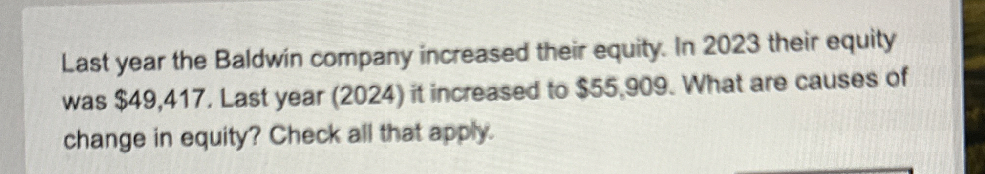 Solved Last year the Baldwin company increased their equity. | Chegg.com