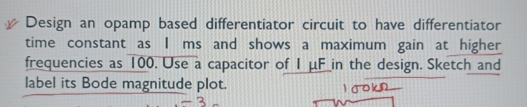 Solved Design an opamp based differentiator circuit to have | Chegg.com