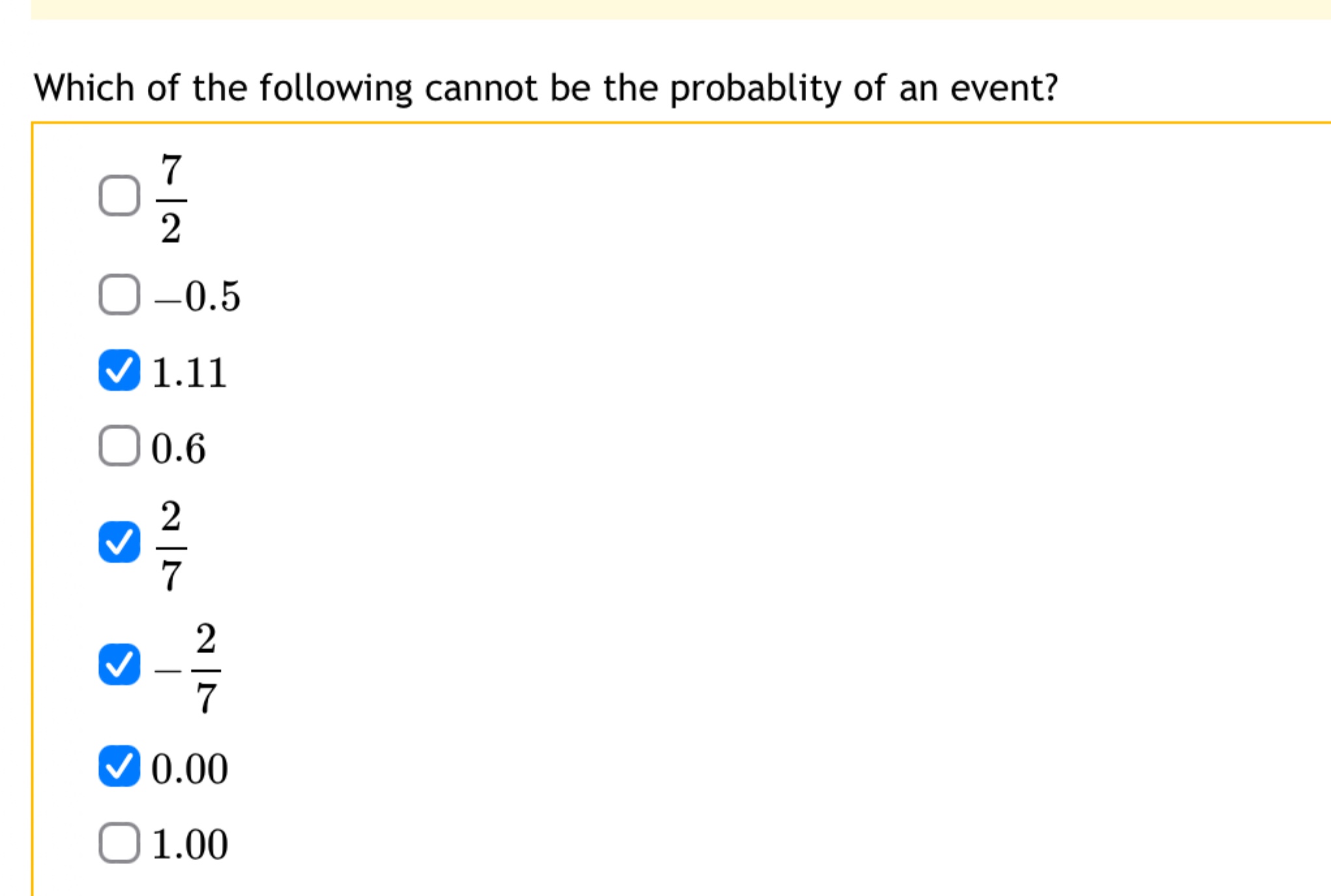 Solved Which of the following cannot be the probablity of an | Chegg.com