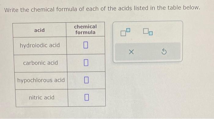 Solved Write the chemical formula of each of the acids | Chegg.com