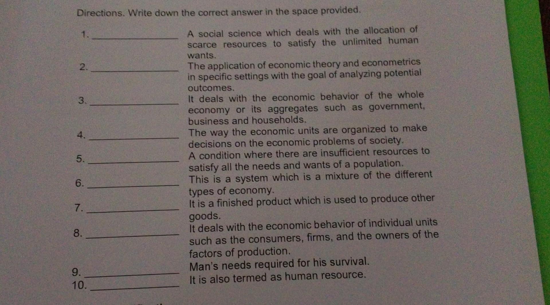 Solved Directions. Write down the correct answer in the | Chegg.com