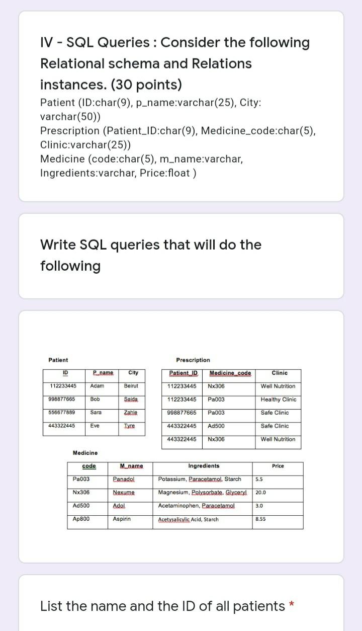 Solved IV - SQL Queries : Consider the following Relational | Chegg.com