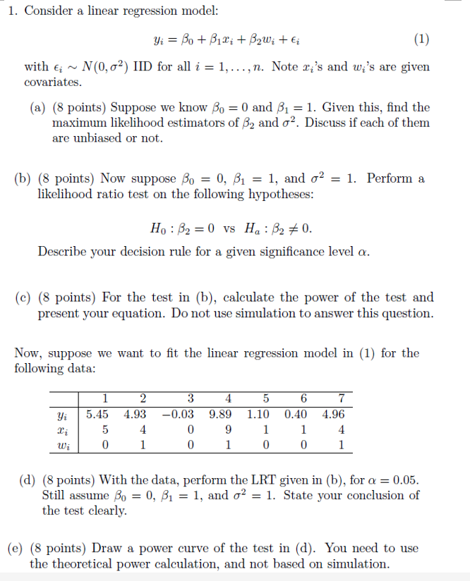 Solved Consider a linear regression | Chegg.com