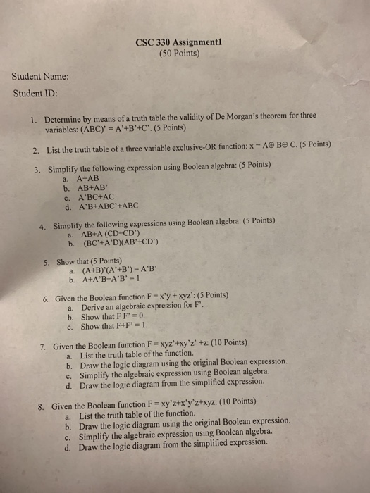 Solved CSC 330 Assignment1 (50 Points) Student Name: Student | Chegg.com