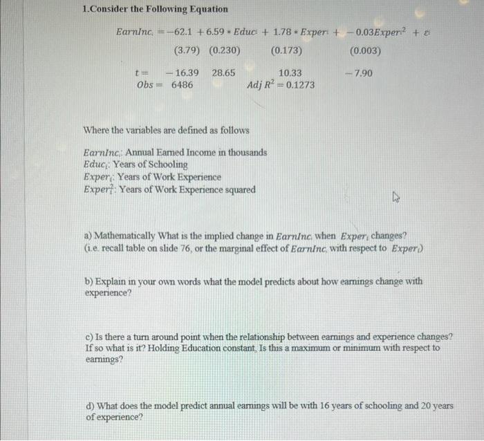 1. Consider the Following Equation Earninc | Chegg.com