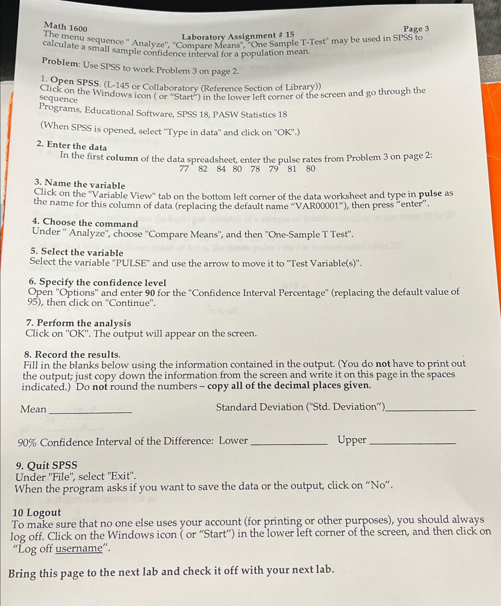 Solved Math 1600 ﻿calculate a small sample confidence | Chegg.com