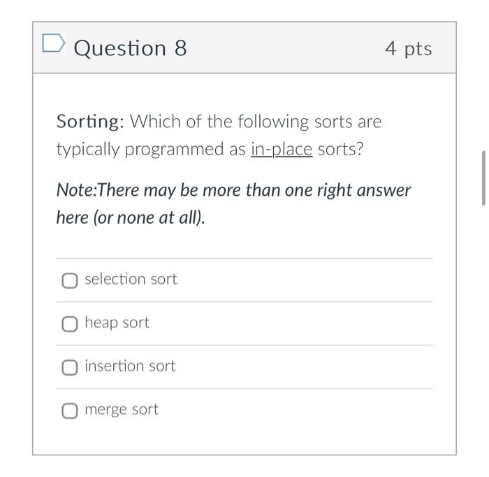 Solved Question 7 4pts Sorting: Suppose we are trying to | Chegg.com Solved Question 7 4pts Sorting: Suppose we are trying to | Chegg.com