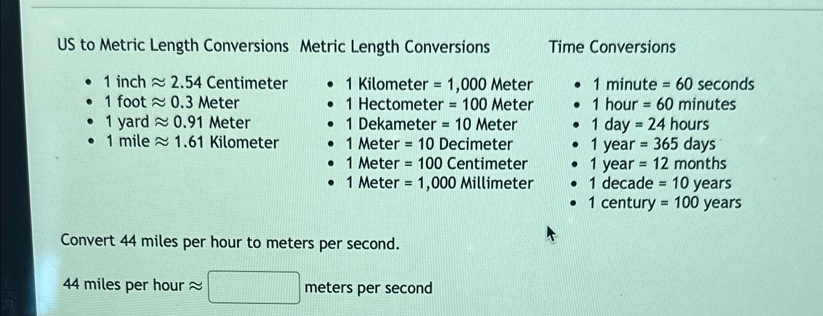 Solved US to Metric Length Conversions Metric Length | Chegg.com