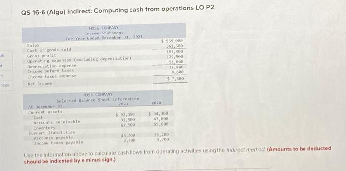 Solved QS 16-6 (Algo) Indirect: Computing cash from | Chegg.com