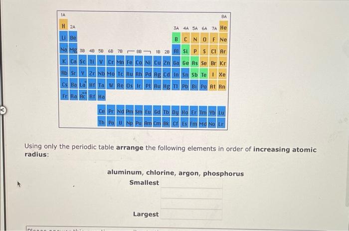 Solved Using only the periodic table arrange the following | Chegg.com
