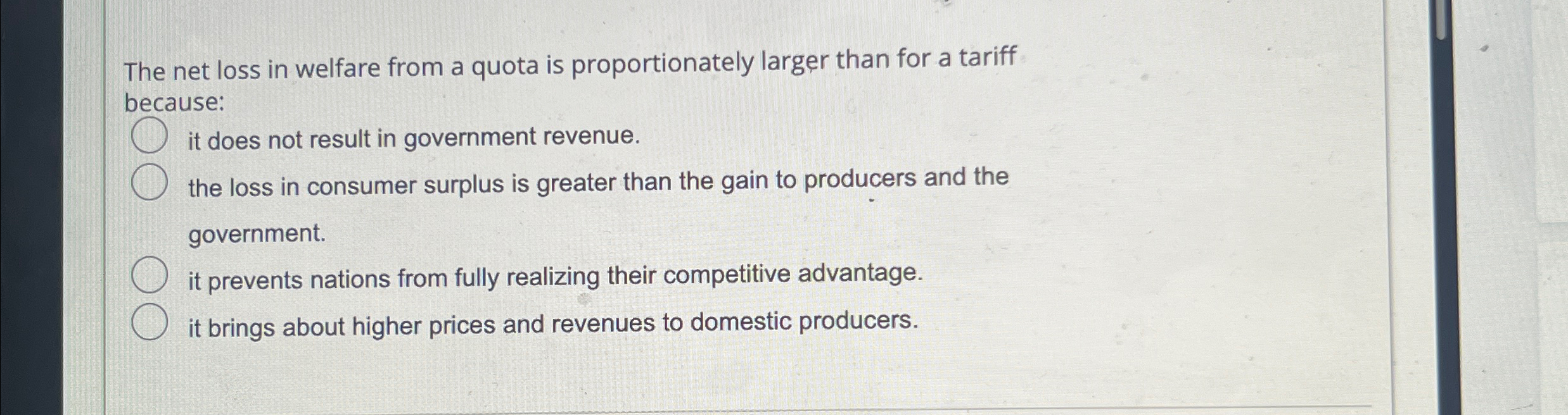 Solved The net loss in welfare from a quota is | Chegg.com