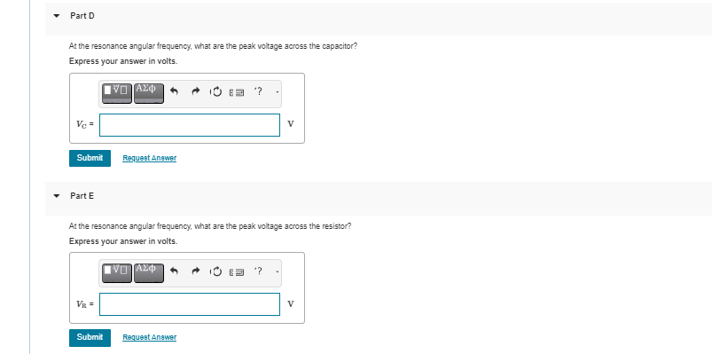 Solved Part DAt the resonance angular frequency, what are | Chegg.com