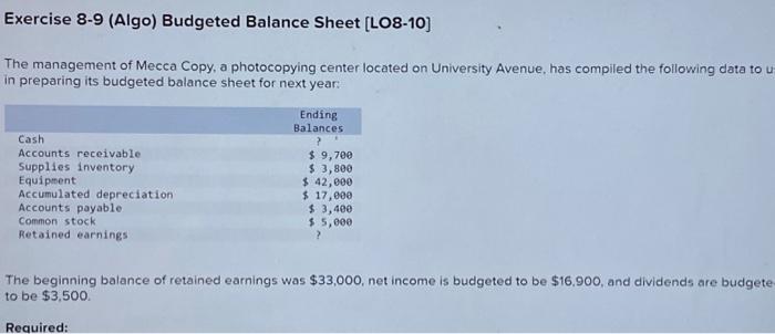 Solved Exercise 8-9 (Algo) Budgeted Balance Sheet [LO8-10] | Chegg.com