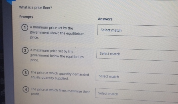 Solved What is a price floor?PromptsAnswersA minimum price | Chegg.com