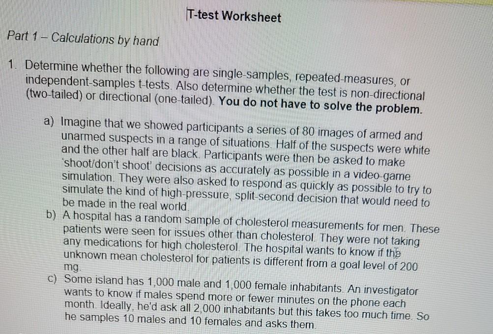 Solved T-test Worksheet Part 1 - Calculations by hand 1. | Chegg.com