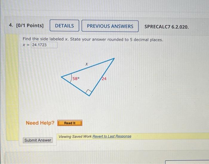 Solved Find the side labeled x. State your answer rounded to | Chegg.com
