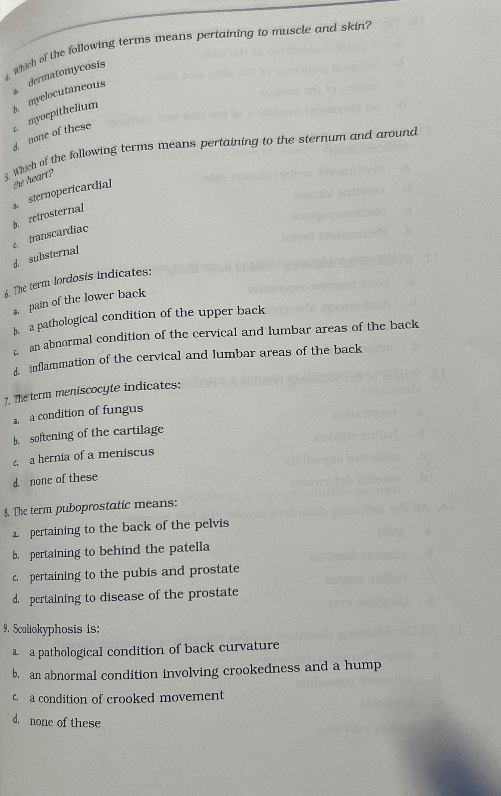 Solved Which of the following terms means pertaining to | Chegg.com