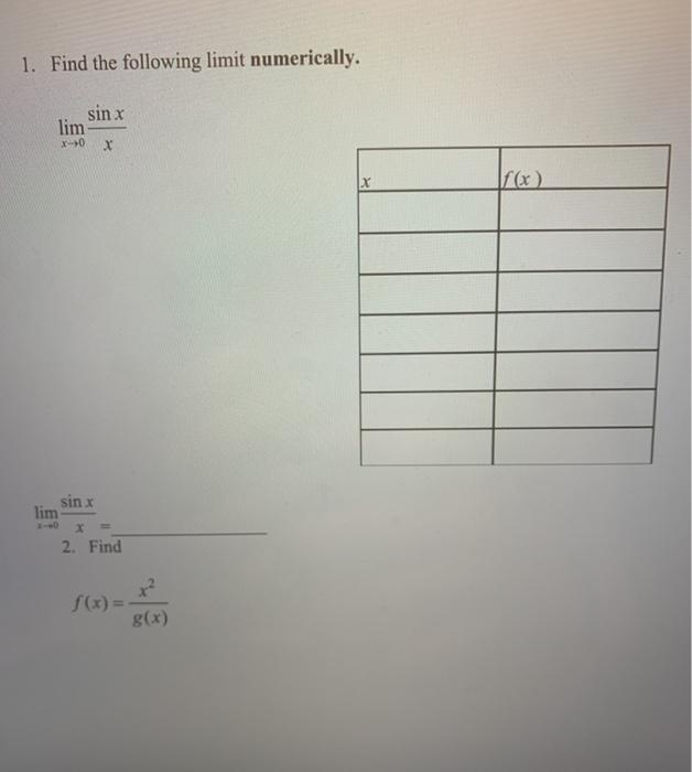 Solved 1. Find the following limit numerically. sinx lim X>0 | Chegg.com