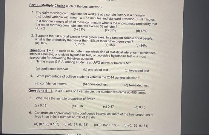 Solved Part 1 - Multiple Choice (Select the best answer.) 1. | Chegg.com