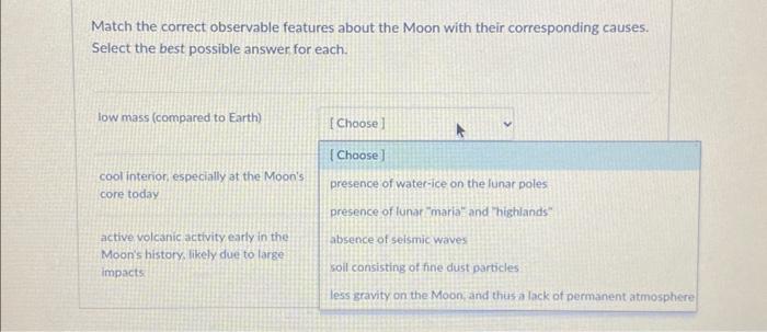 Solved Match the correct observable features about the Moon | Chegg.com