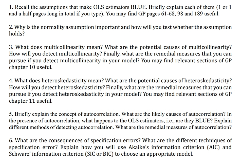 Solved Recall the assumptions that make OLS estimators BLUE. | Chegg.com
