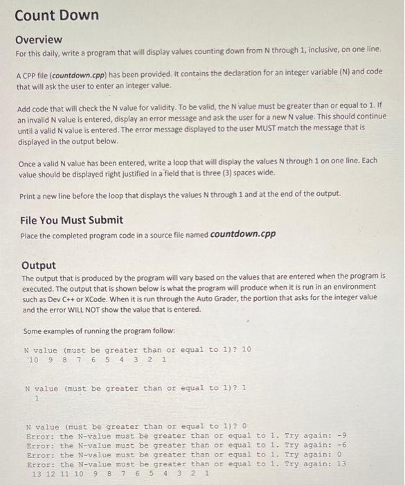 Solved Count Down Overview For this daily, write a program | Chegg.com