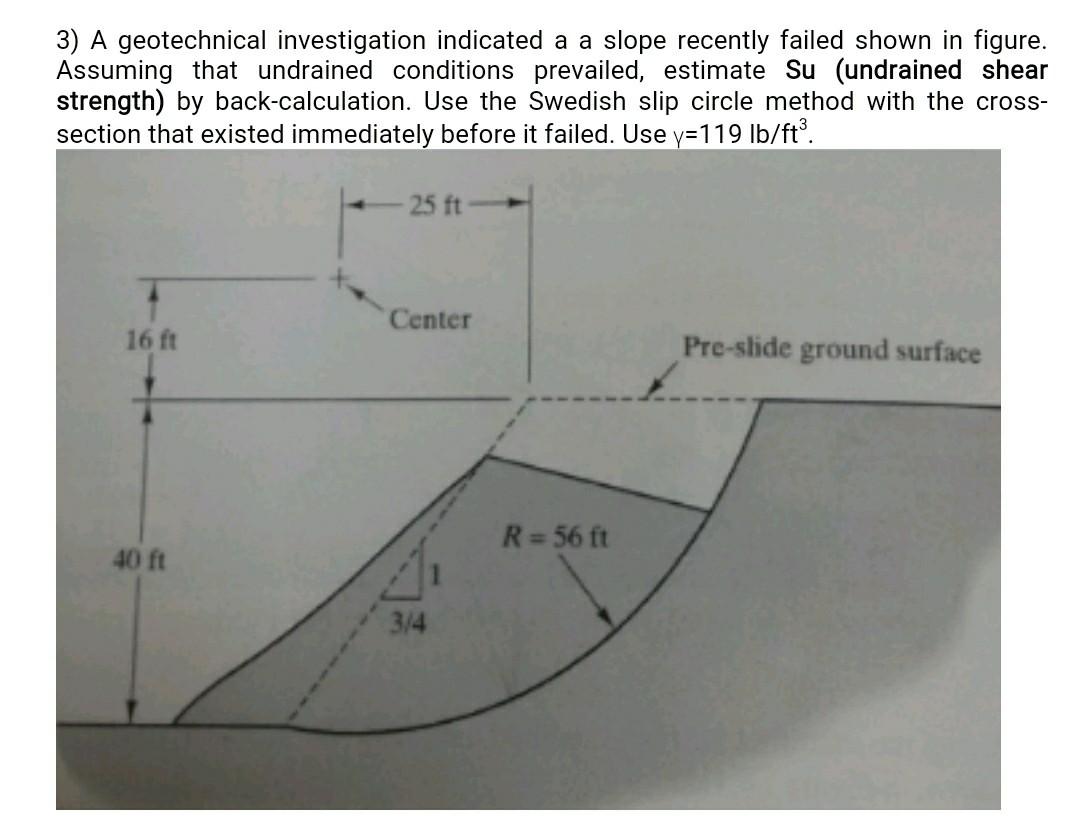 Solved 3) A geotechnical investigation indicated a a slope | Chegg.com