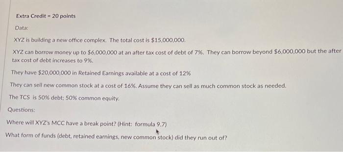 Solved Extra Credit =20 points Data: XYZ is building a new | Chegg.com