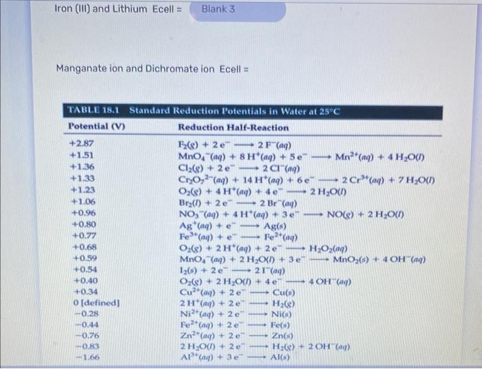 Ecell Potentials For each of the cells below, use the | Chegg.com