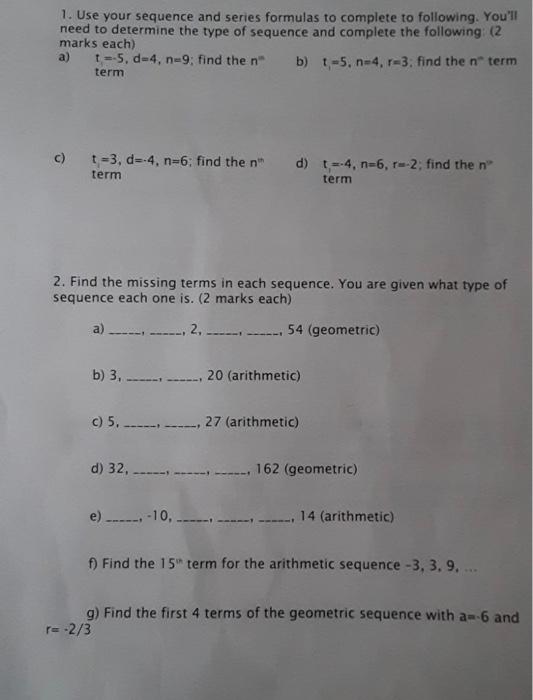 Solved 1. Use your sequence and series formulas to complete | Chegg.com