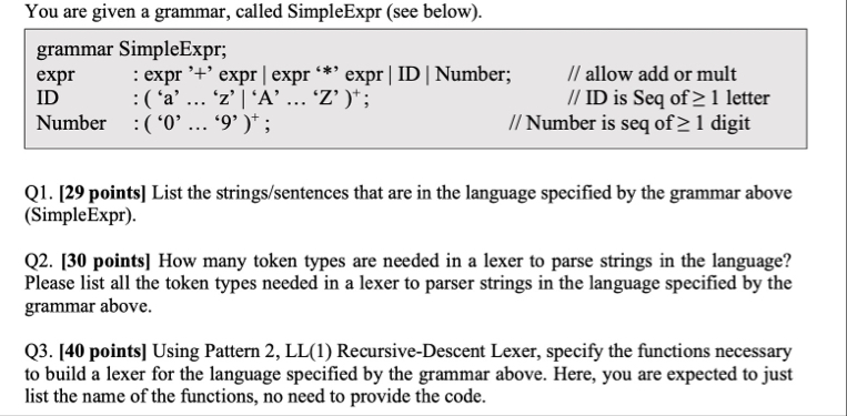 Solved You are given a grammar, called SimpleExpr (see | Chegg.com