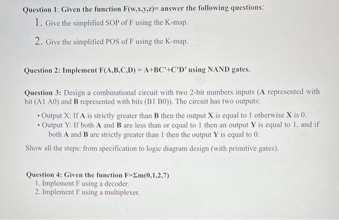 Solved Question 1: Given the function F(w,x,y,z)= answer the | Chegg.com