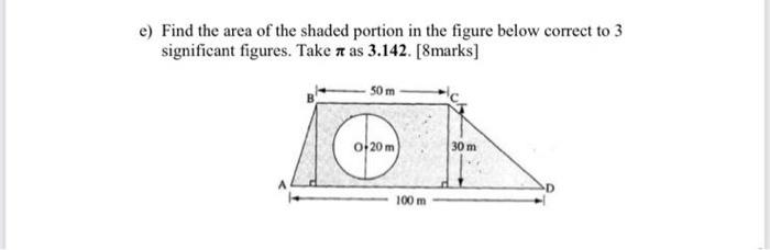 Solved e) Find the area of the shaded portion in the figure | Chegg.com