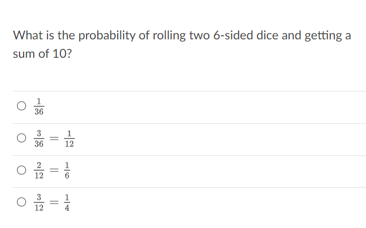 Solved What is the probability of rolling two 6 -sided dice | Chegg.com