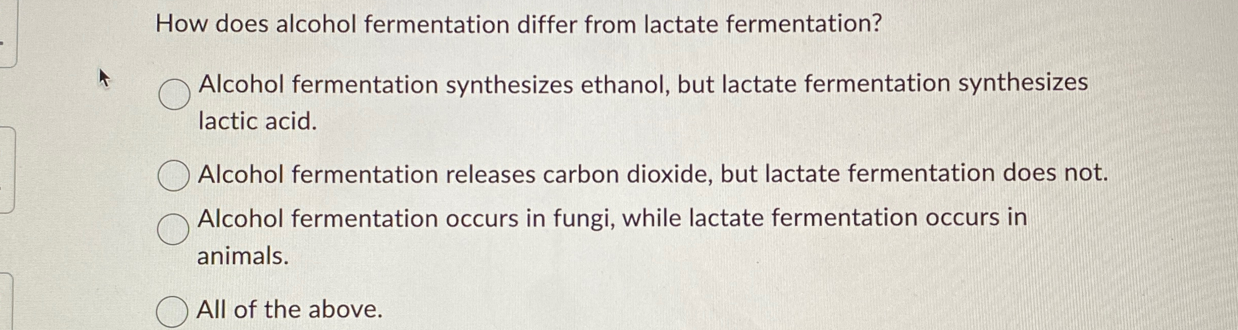 Solved How does alcohol fermentation differ from lactate | Chegg.com