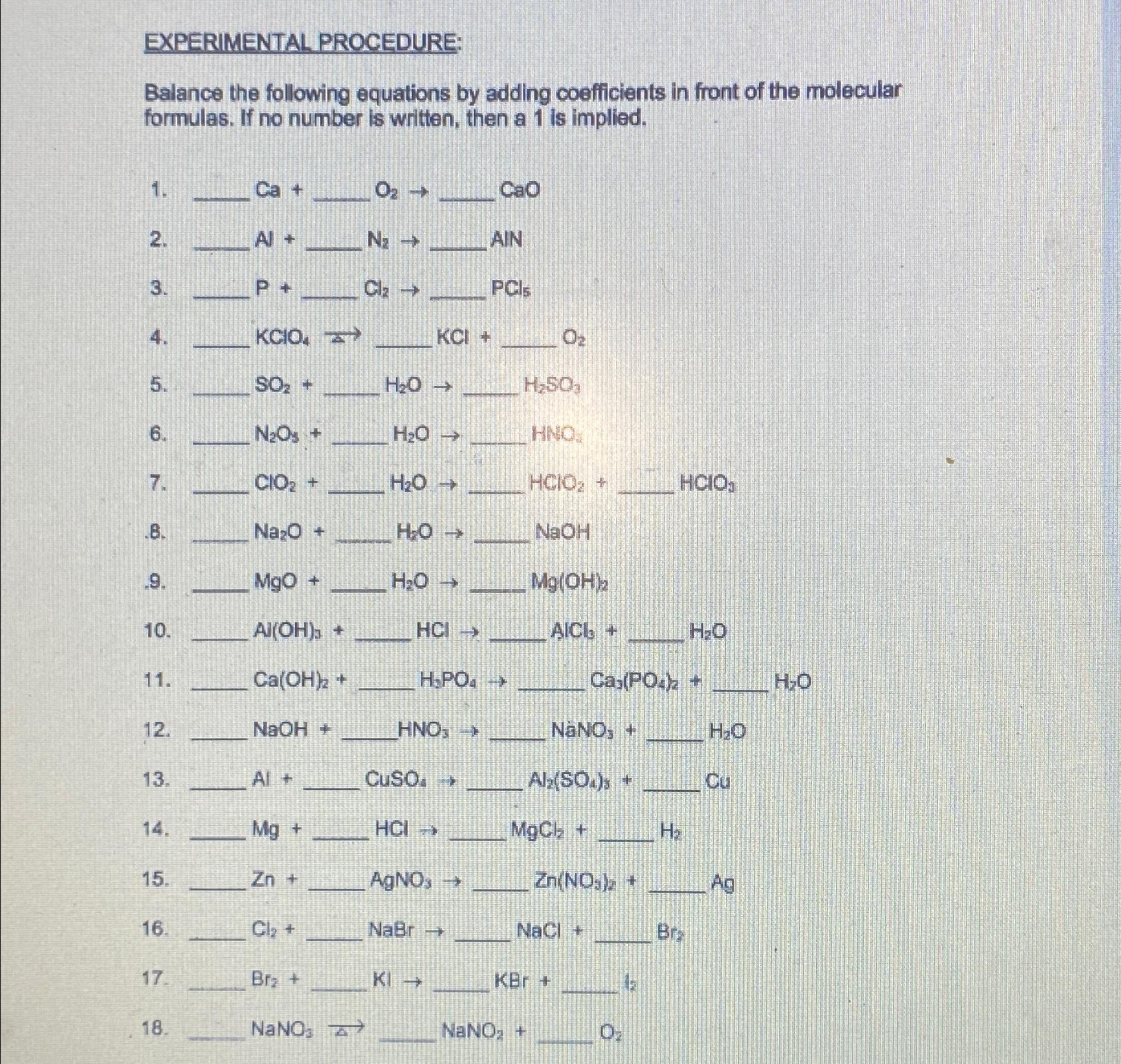 Solved EXPERIMENTAL PROCEDURE:Balance the following | Chegg.com