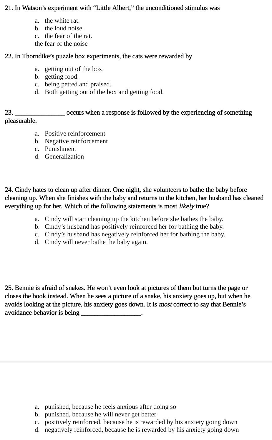 Solved 21. In Watson's experiment with “Little Albert,” the | Chegg.com