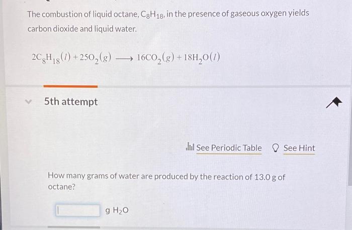 Solved The combustion of liquid octane, C8H18, in the | Chegg.com