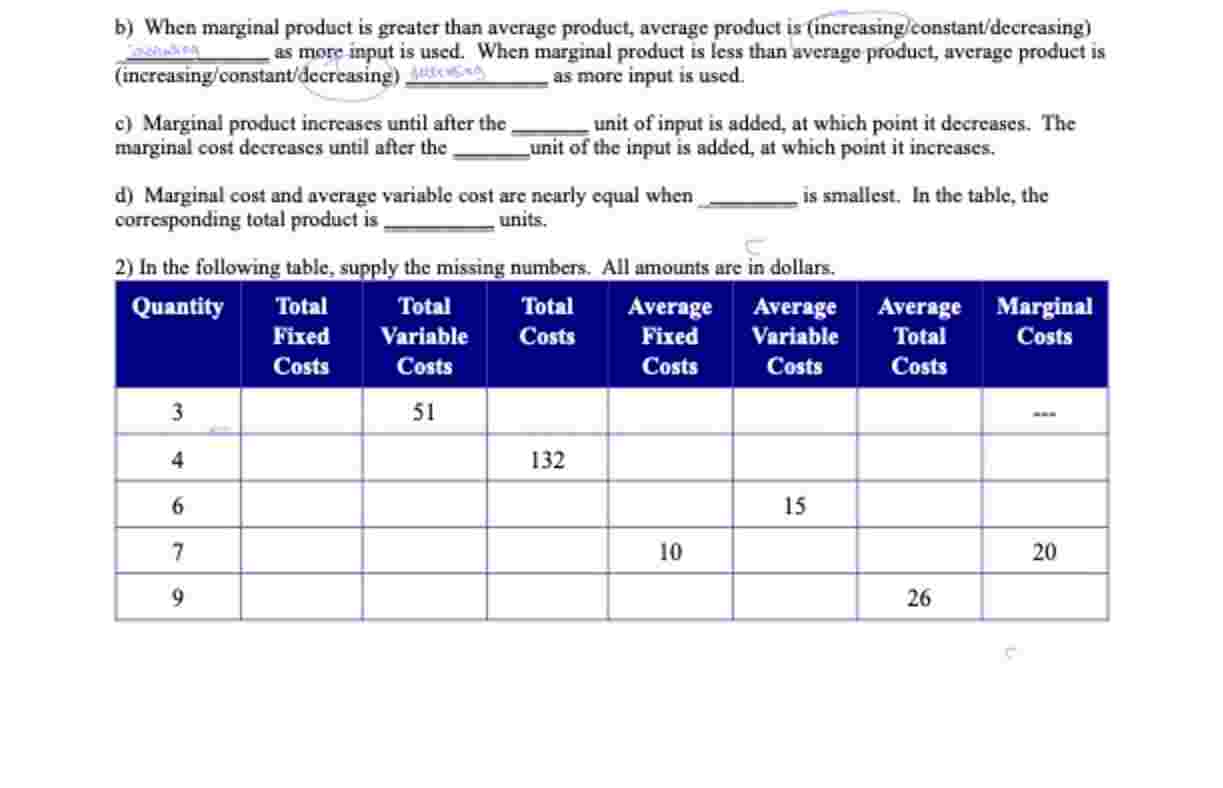 Solved Please fill in table #2. ﻿b) ﻿When marginal product | Chegg.com