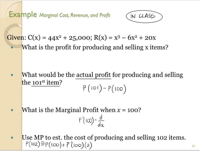 Solved Example Marginal Cost, Revenue, and Profit IN CLASS = | Chegg.com