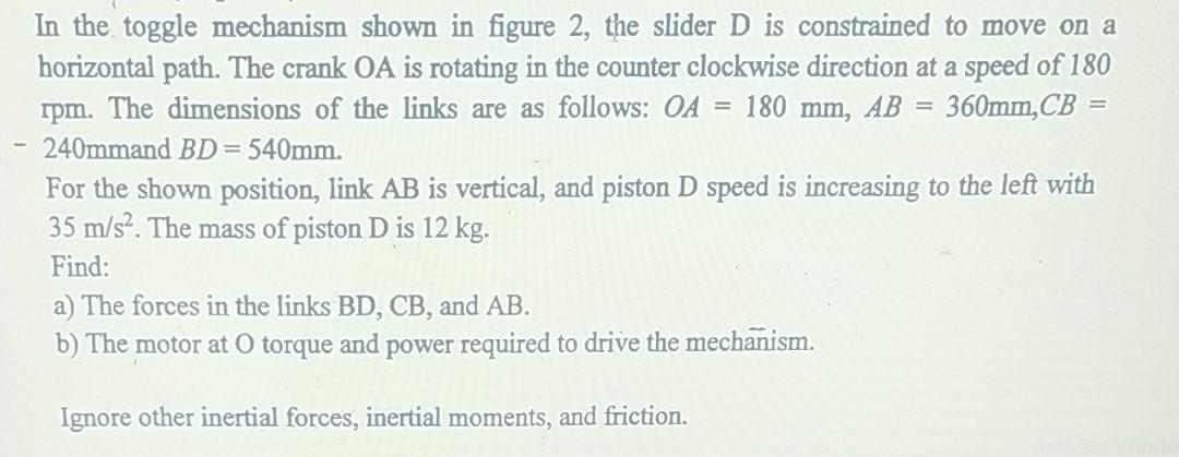 Solved In the toggle mechanism shown in figure 2, the slider | Chegg.com
