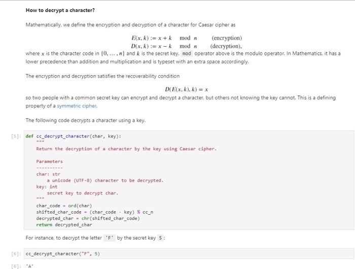 How to decrypt a character? Mathematically, we define | Chegg.com