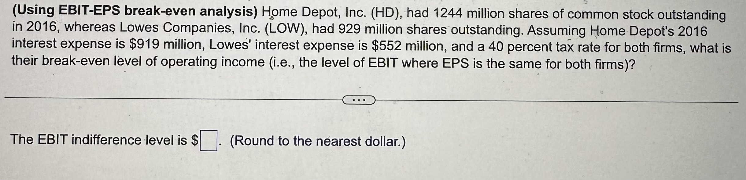 Solved (Using EBIT-EPS break-even analysis) ﻿Home Depot, | Chegg.com