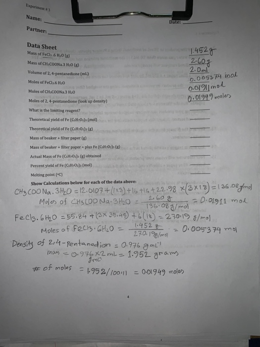 Solved Name: Date: Partner: Data Sheet Mass of FeCl 6 H.) | Chegg.com