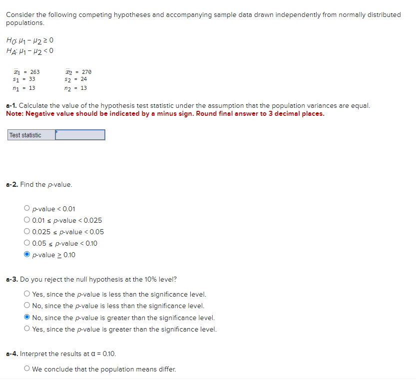 Solved a-4. ﻿Interpret the results at α=0.10.We conclude | Chegg.com
