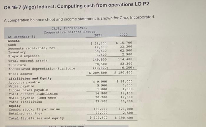 Solved QS 16-7 (Algo) Indirect: Computing cash from | Chegg.com