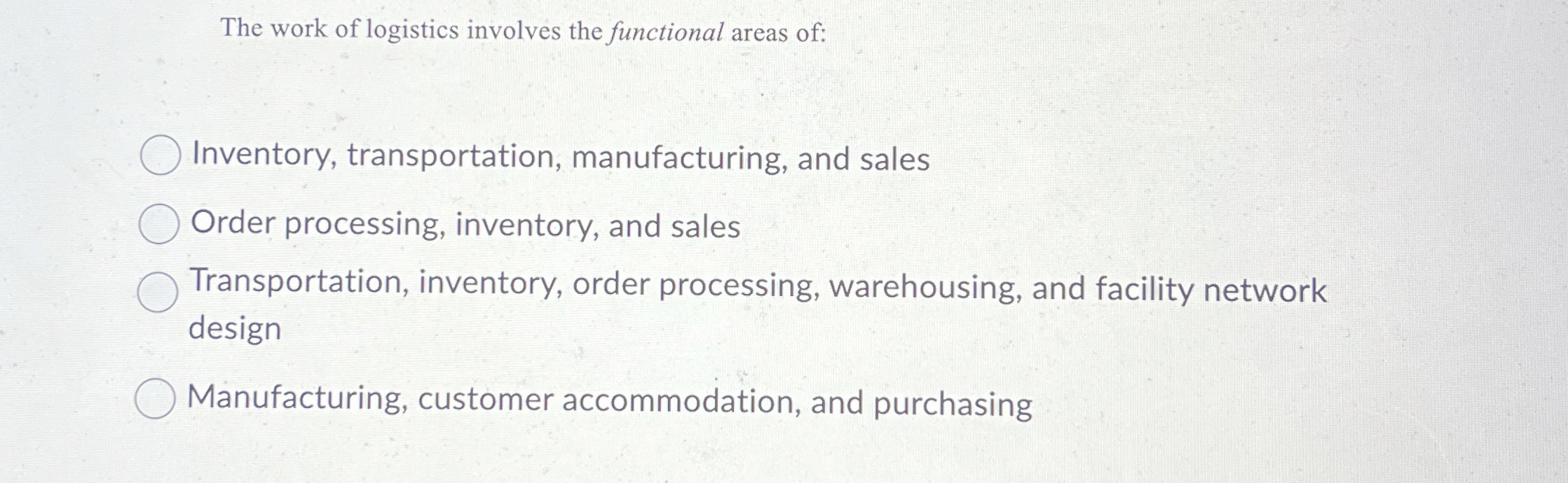 Solved The work of logistics involves the functional areas | Chegg.com