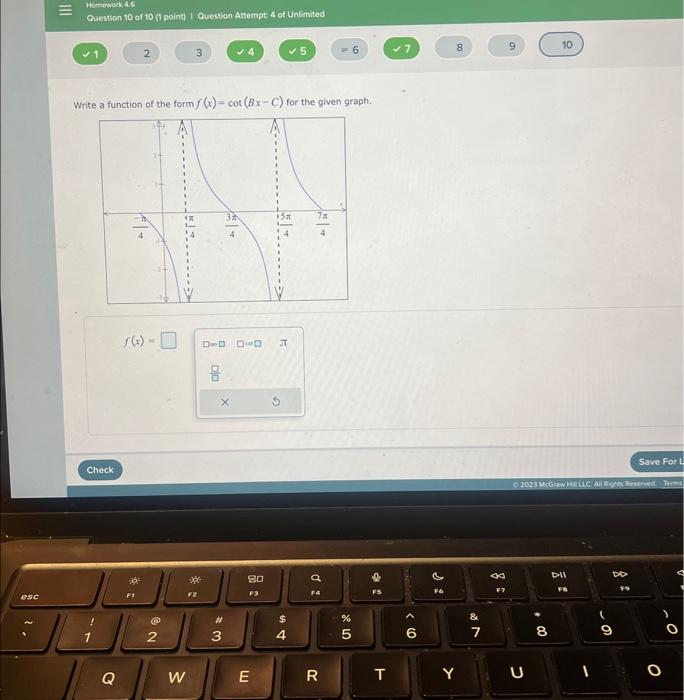 Write a function of the form f(x)=cot(Bx−C) for the | Chegg.com